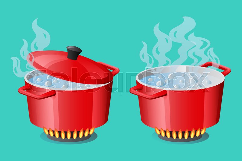 Set red pans with boiling water, ... | Stock vector | Colourbox