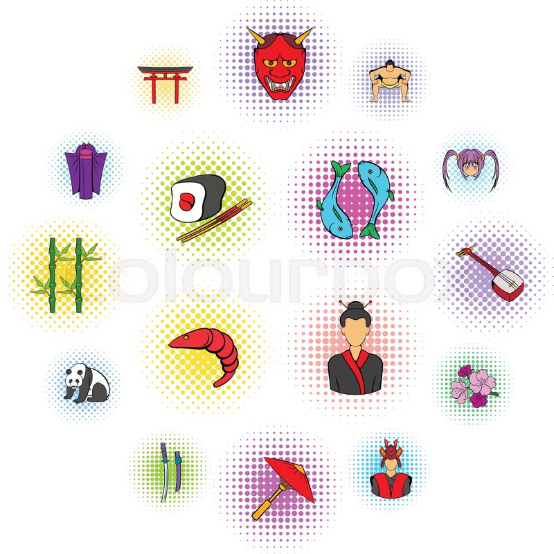 Japan icons set in comics style ... | Stock vector | Colourbox