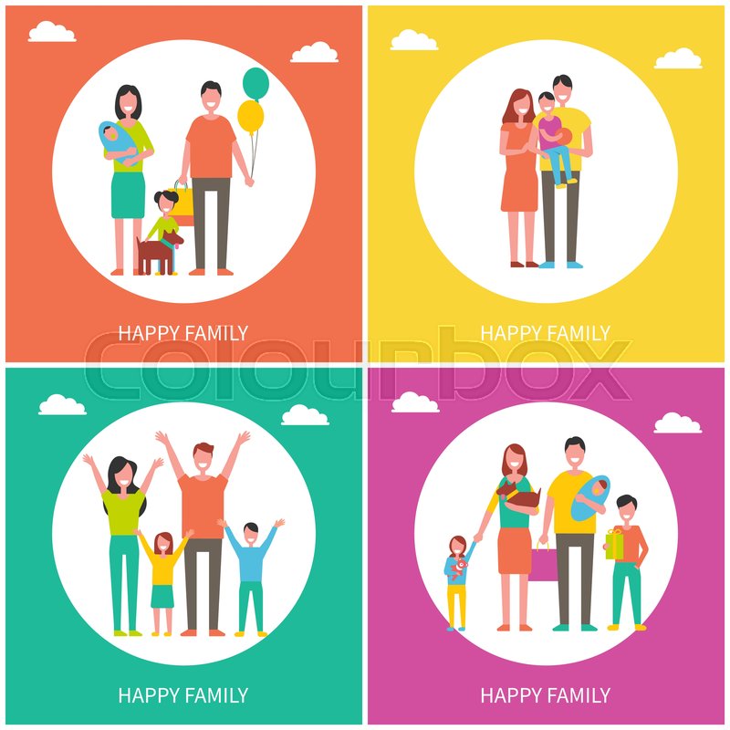 Happy family posters text set with ... | Stock vector | Colourbox