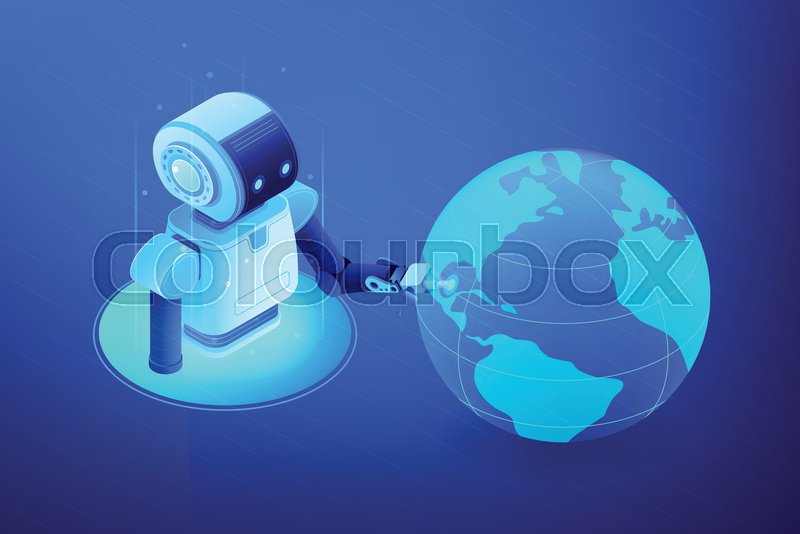 Huge robot touching Earth globe with ... | Stock vector | Colourbox