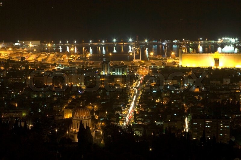 Israel, Haifa Bay, night panoramic ... | Stock image | Colourbox