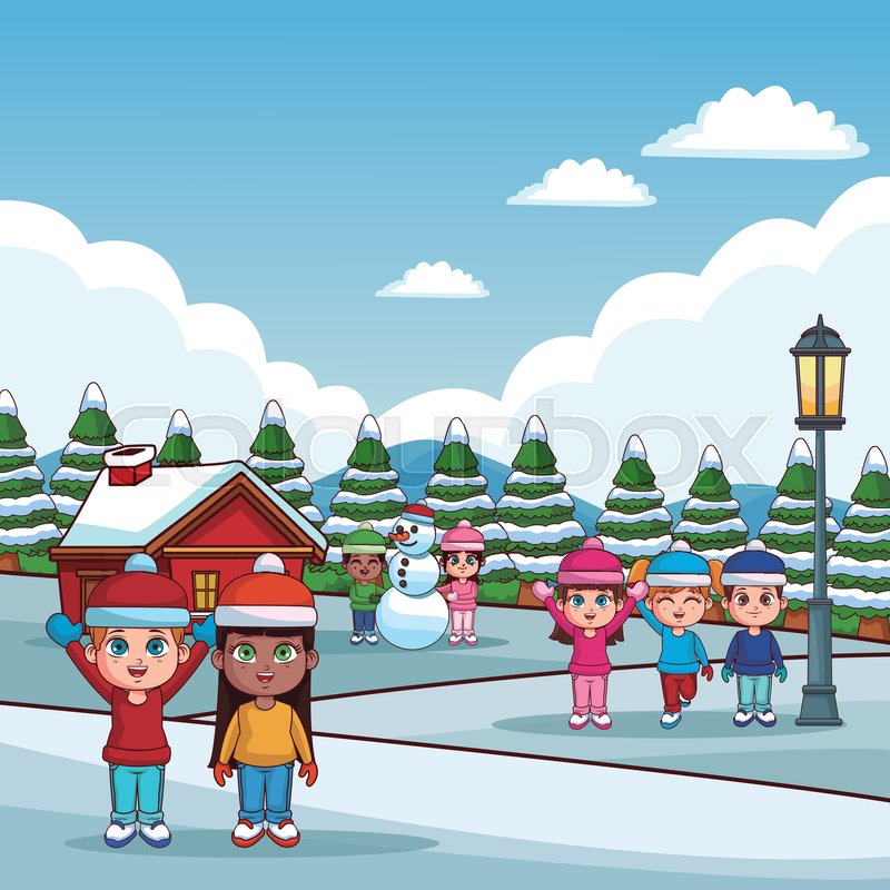 Cute kids playing in winter cartoons ... | Stock vector | Colourbox