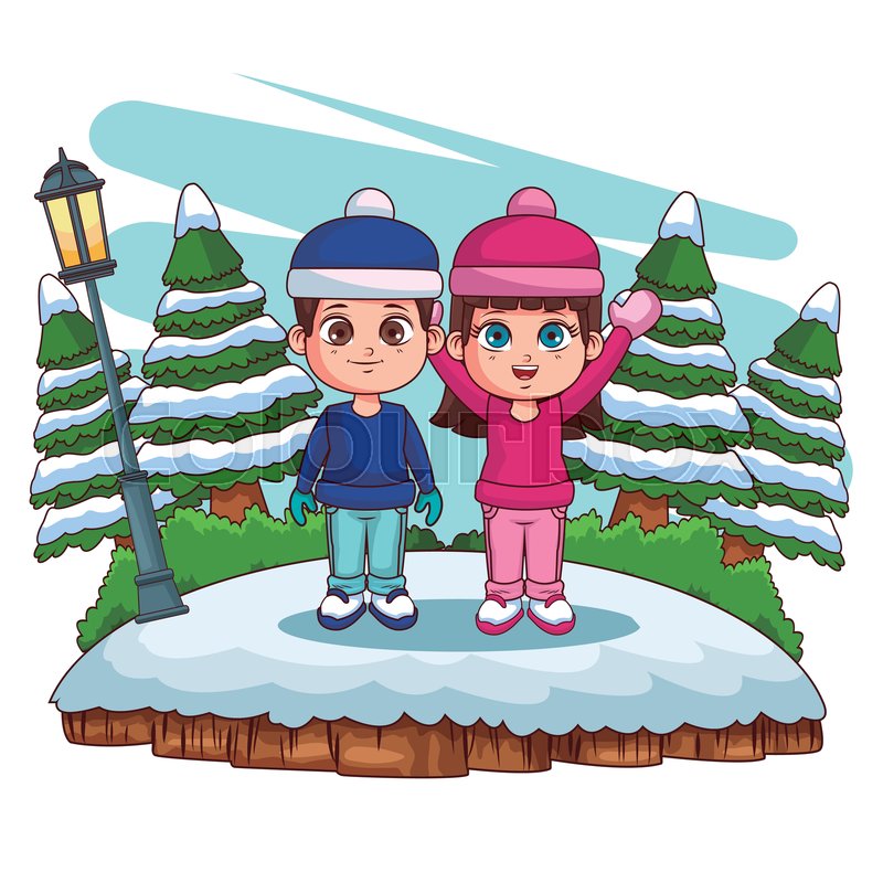Cute kids playing in winter cartoons ... | Stock vector | Colourbox