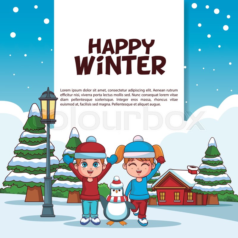 Happy winter poster with cute kids ... | Stock vector | Colourbox