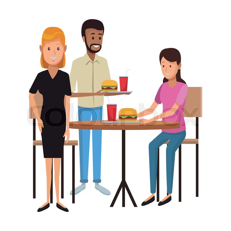 Friends eating fast food seated on ... | Stock vector | Colourbox