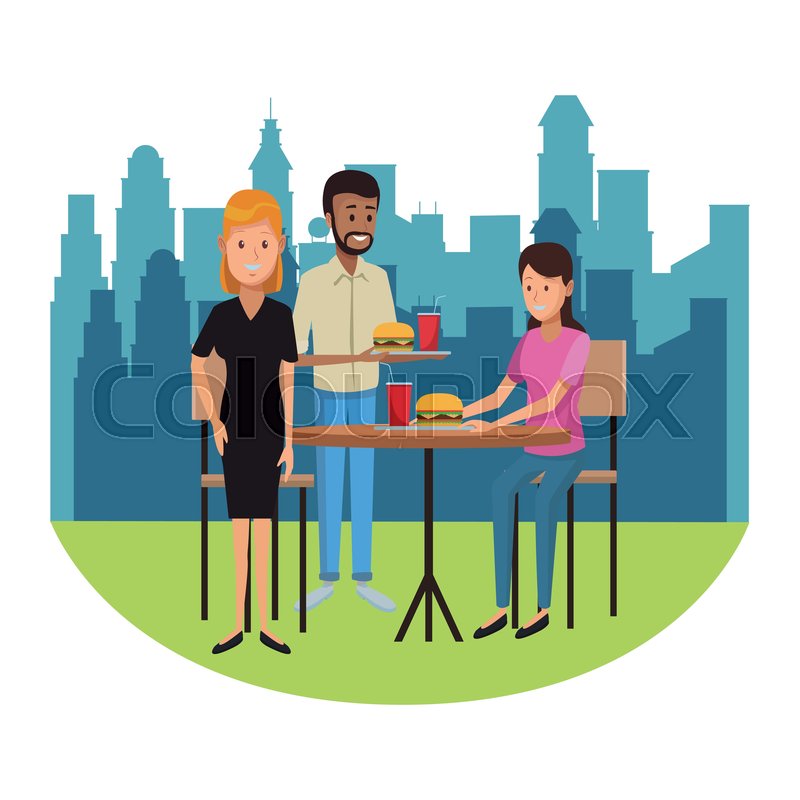 Friends eating fast food seated on ... | Stock vector | Colourbox