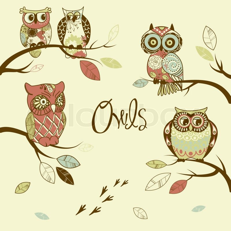 Eulen , trendy -Karte mit Eulen sitzen ... | Vektorgrafik | Colourbox