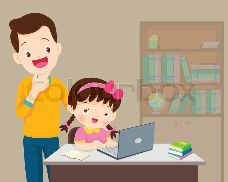Children working laptop,Dad be happy ... | Stock vector | Colourbox