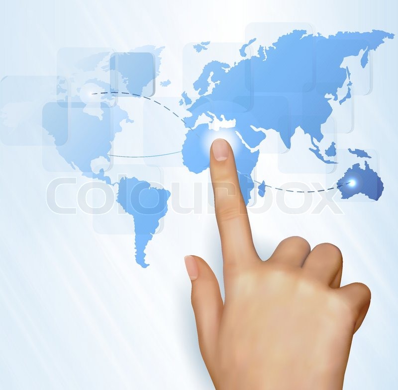 Finger touching world map on a touch ... | Stock vector | Colourbox