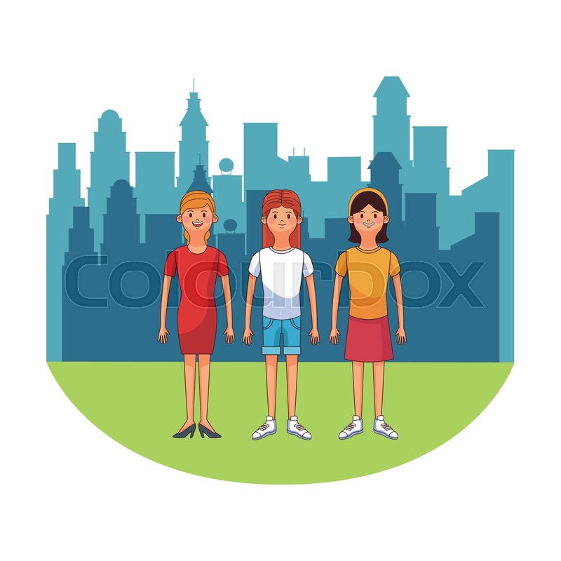 Group of friends in front city ... | Stock vector | Colourbox