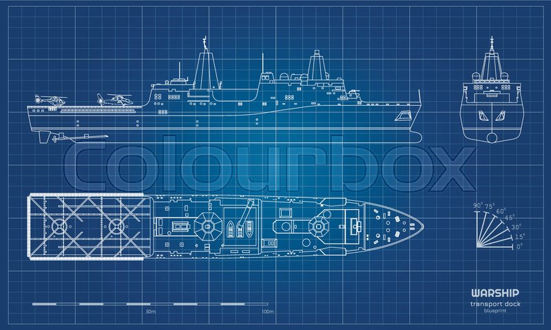Outline blueprint of military ship. ... | Stock vector | Colourbox