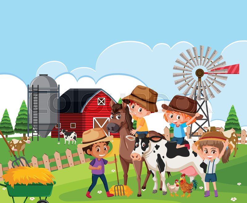 Children at farm landscape ... | Stock vector | Colourbox