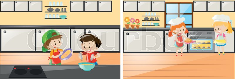 Kitchen scenes with kids cooking and ... | Stock vector | Colourbox