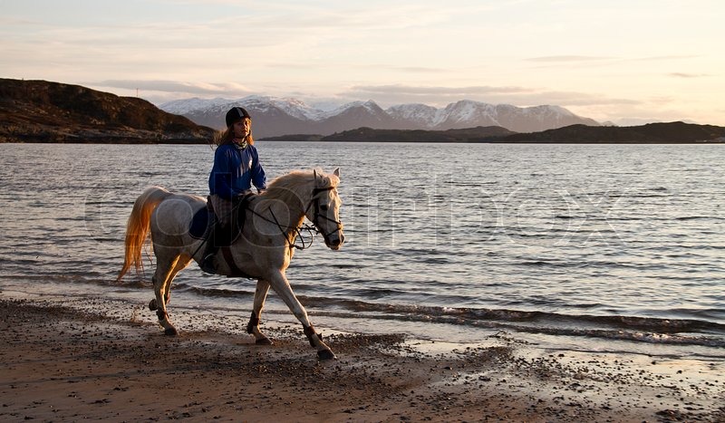 Horse riding beach sunset norway ... | Stock image | Colourbox