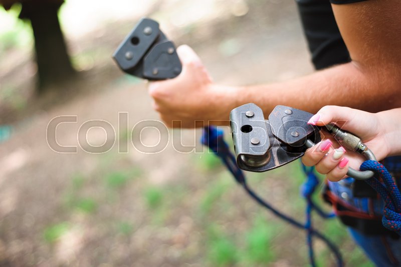 Hiking in the rope park two young ... | Stock image | Colourbox