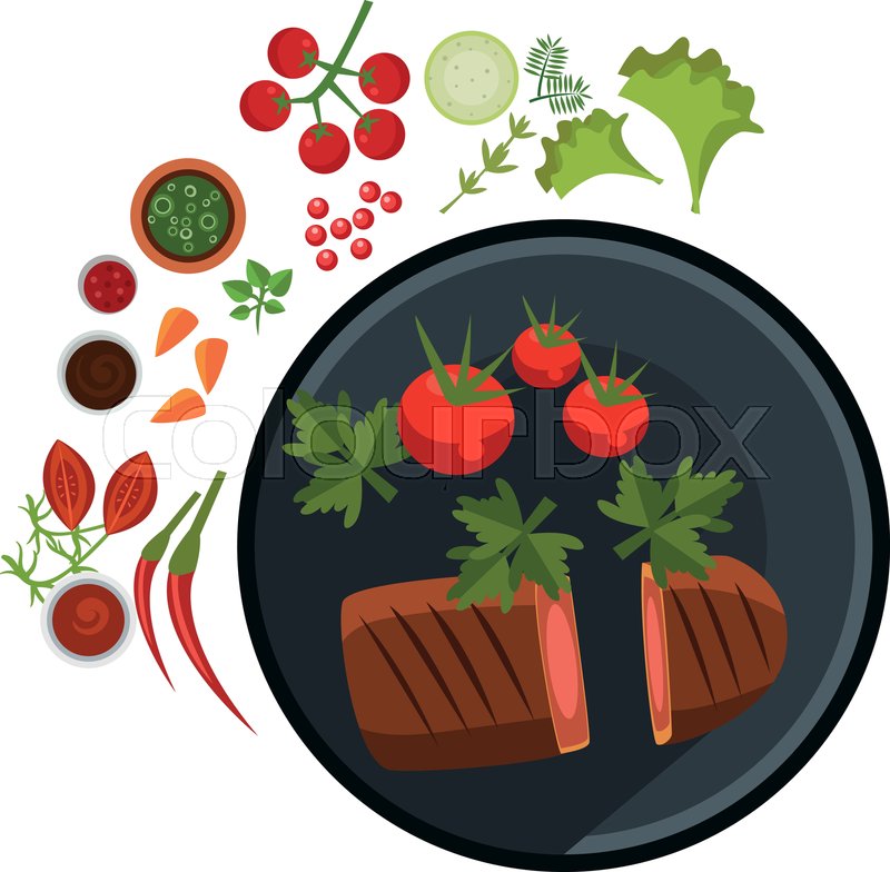 Medium Grilled Steak on Plate. Flat ... | Stock vector | Colourbox