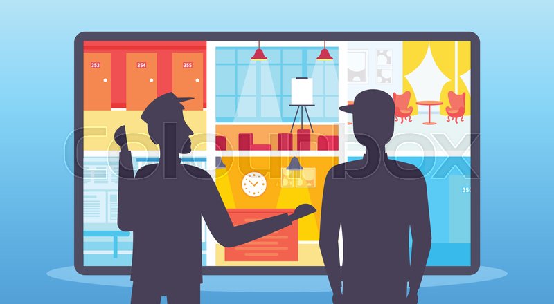 Two security guards looking monitor ... | Stock vector | Colourbox
