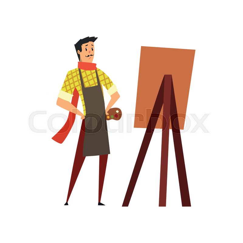 Male artist character in apron drawing ... | Stock vector | Colourbox