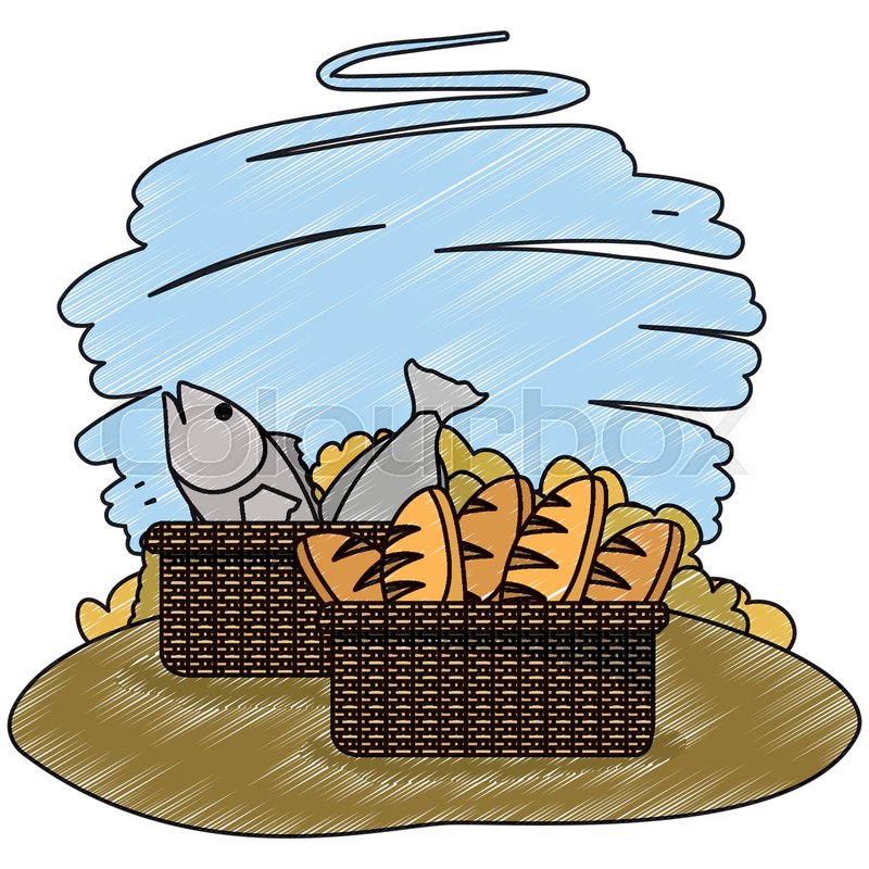 Baskets with fish and bread vector ... | Stock vector | Colourbox