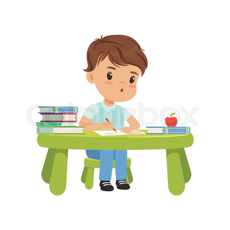 Cute little boy character sitting at ... | Stock vector | Colourbox