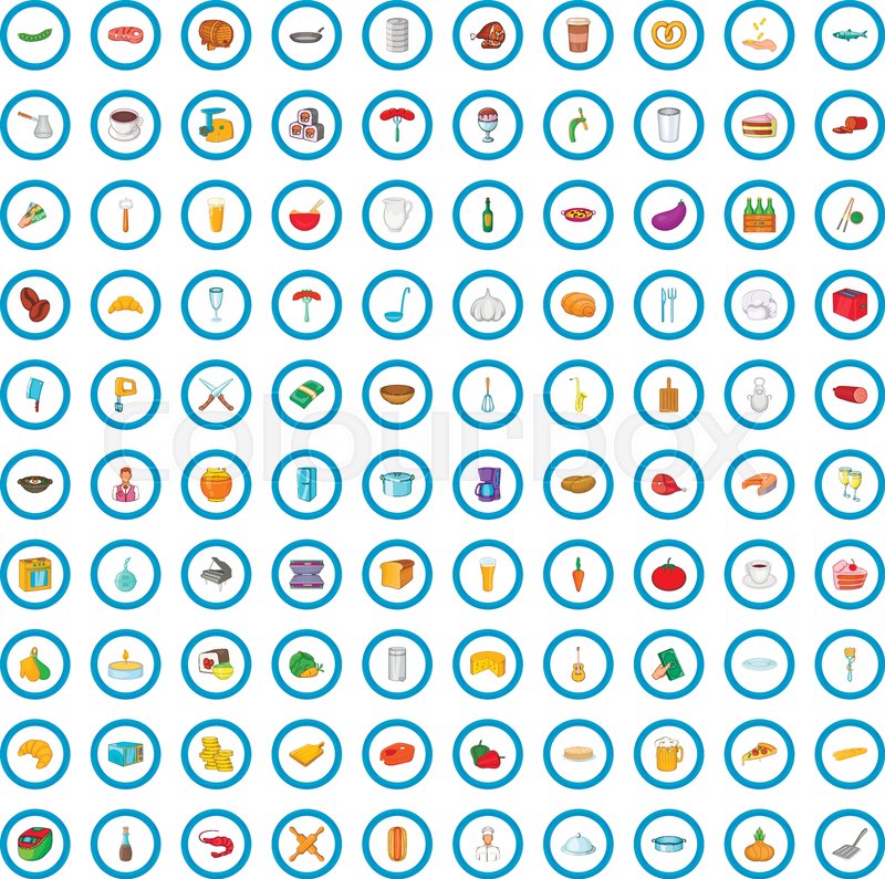 100 restaurant icons set in cartoon ... | Stock vector | Colourbox
