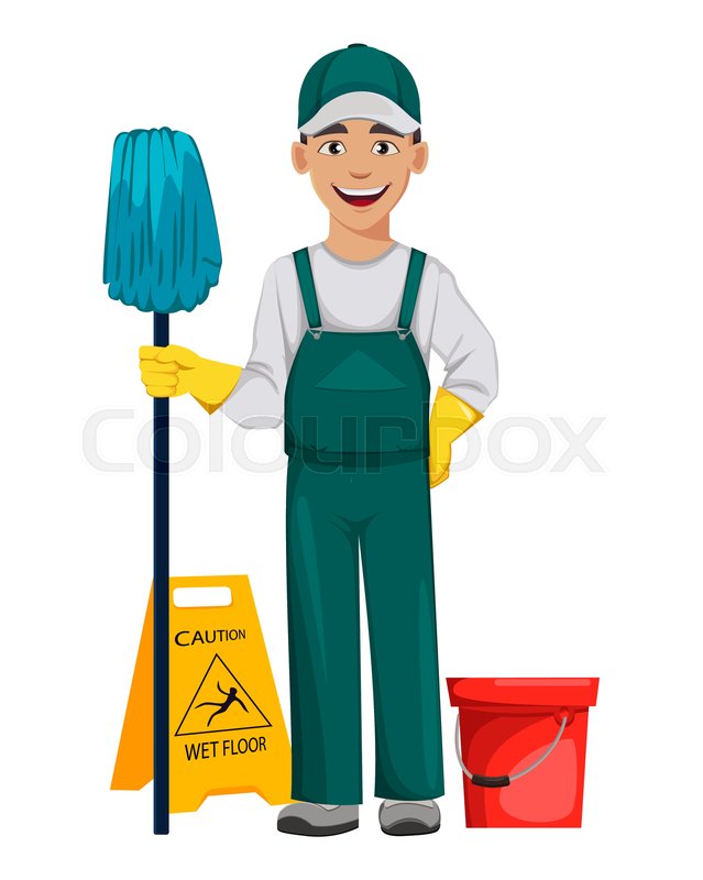 Cleaner man cartoon character cleaning ... | Stock vector | Colourbox