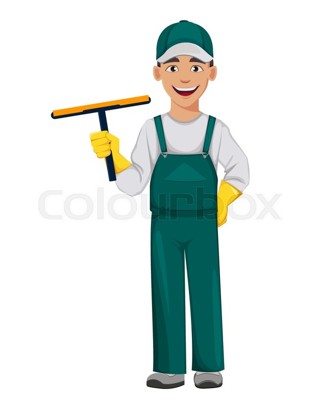 Cleaner man cartoon character holding ... | Stock vector | Colourbox