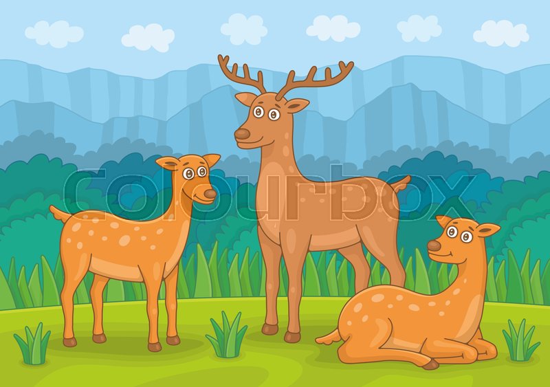 Deer in meadow. Funny cartoon and ... | Stock vector | Colourbox