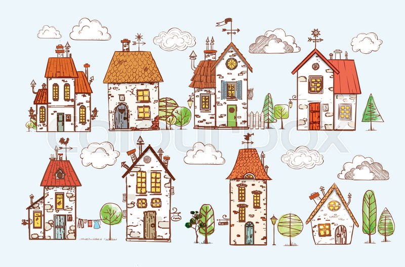Cute colored doodle houses on white ... | Stock vector | Colourbox