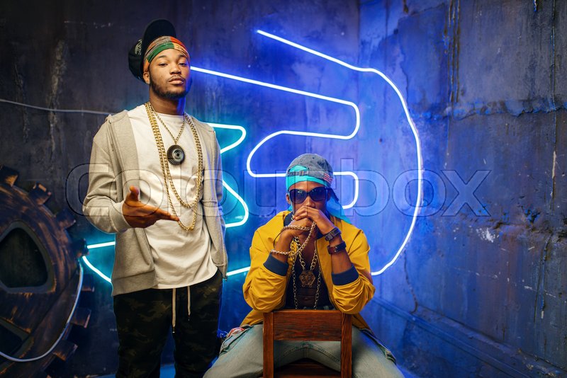 Two black rappers, neon lights on ... | Stock image | Colourbox