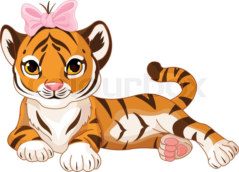 Illustration of cute girl tiger lies | Stock vector | Colourbox