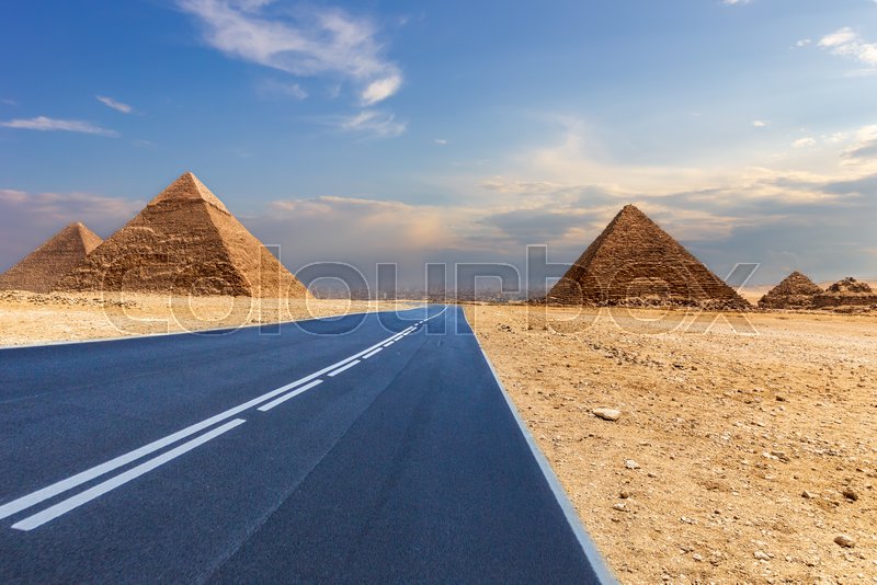 Giza Pyramids and a road in the desert, ... | Stock image | Colourbox