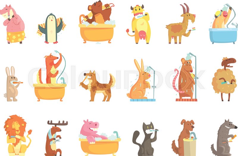 Cute animals bathing and washing in ... | Stock vector | Colourbox