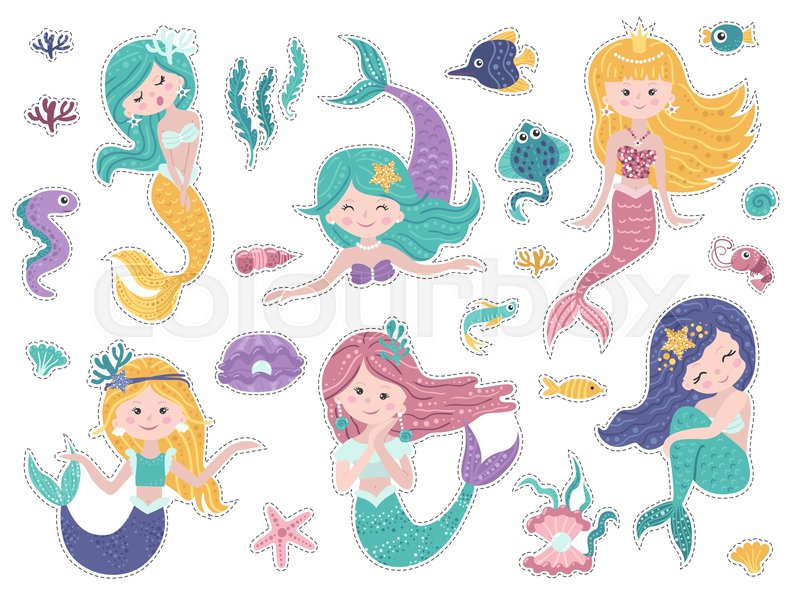 Set of stickers with cute mermaids and ... | Stock vector | Colourbox