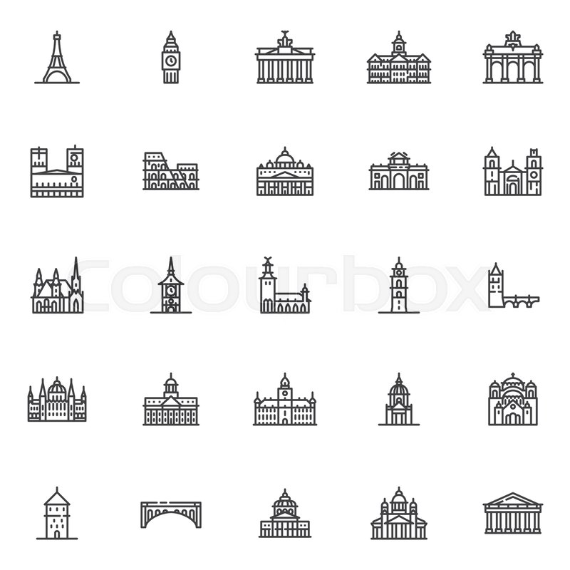 European cities landmarks line icons ... | Stock vector | Colourbox