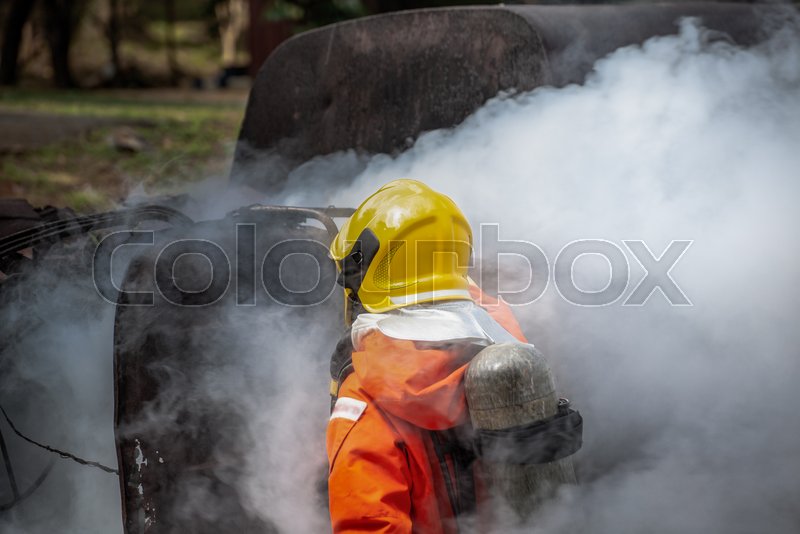 Back view of Firefighter wearing safety ... | Stock image | Colourbox