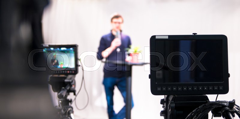 Newsreader In Television Studio Stock Photo More