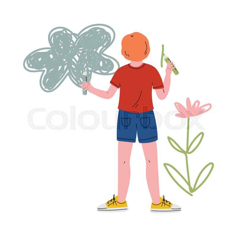 Cute Boy Drawing on Wall Using Color ... | Stock vector | Colourbox