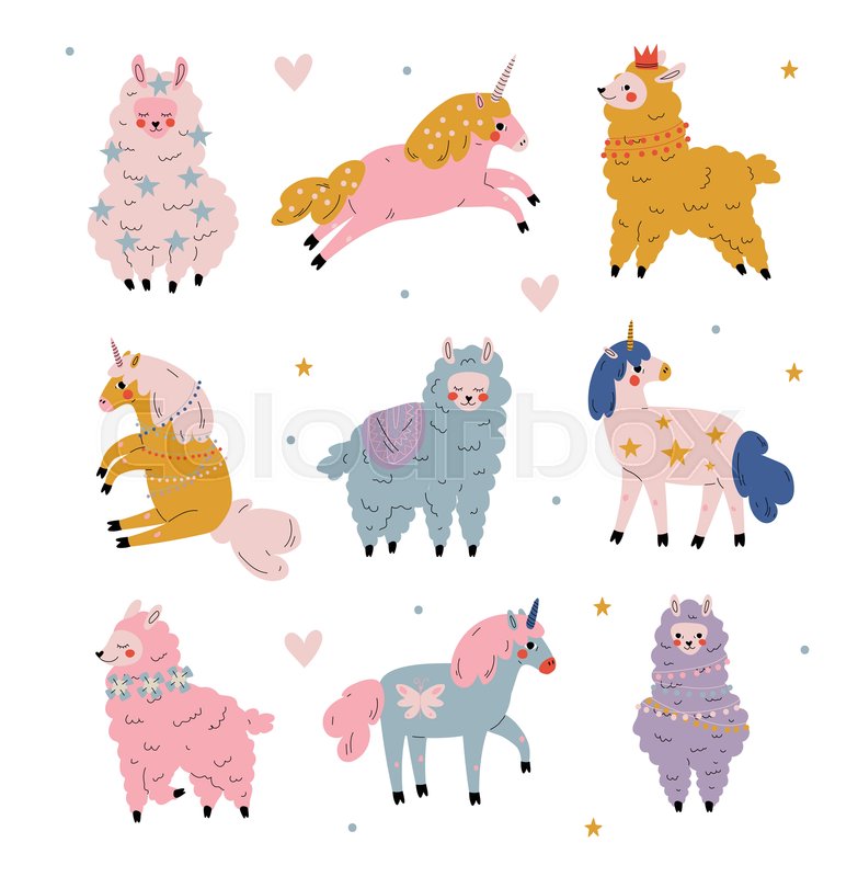 Cute Llamas and Unicorns Set, Adorable ... | Stock vector | Colourbox