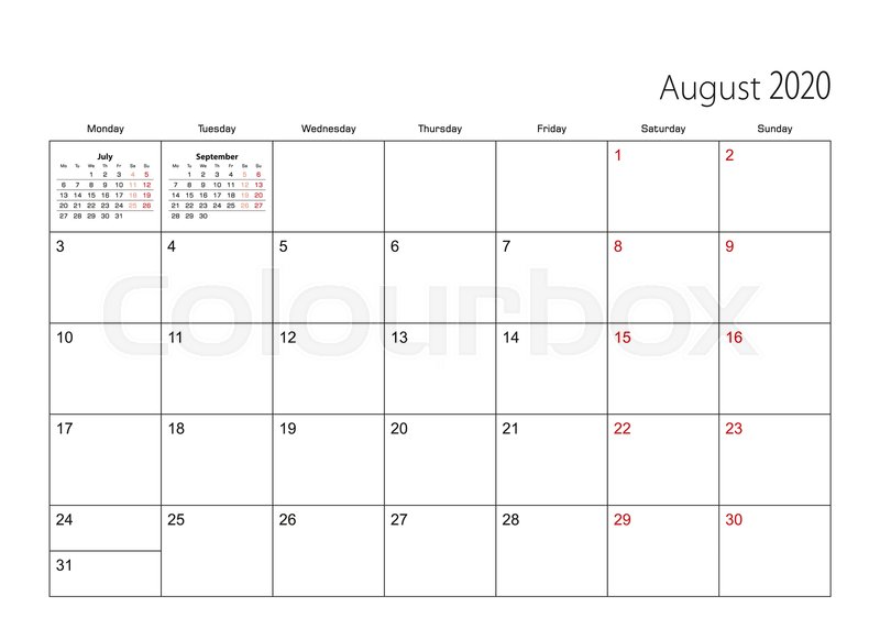 August 2020 simple calendar planner, ... | Stock vector | Colourbox