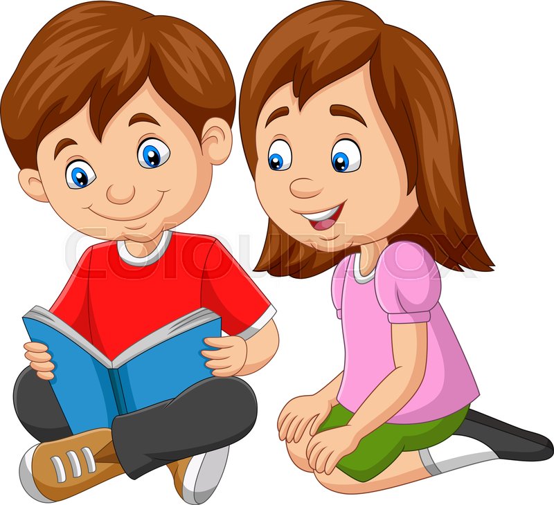 Kids Reading Together Cartoon