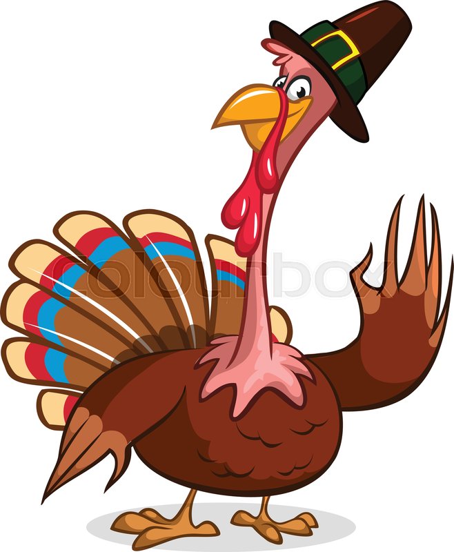 Cartoon turkey waving in pilgrim hat. ... | Stock vector | Colourbox
