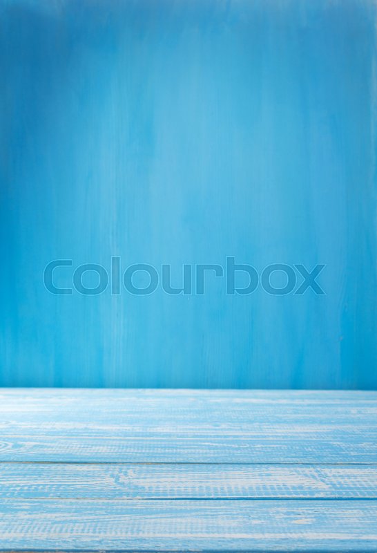Empty blue wooden table in front, plank ... | Stock image | Colourbox