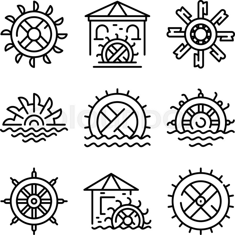 Water Mill Icons Set Outline Set Of Stock Vector Colourbox