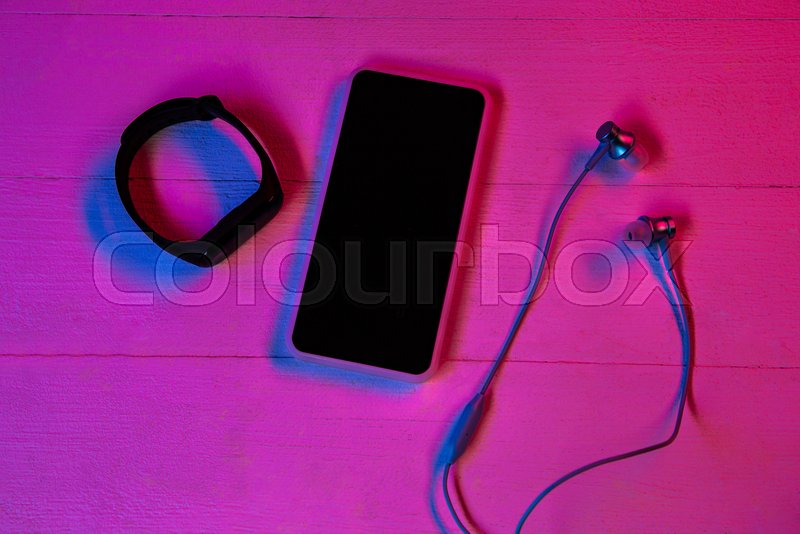 Top view of set of gadgets in purple ... | Stock image | Colourbox