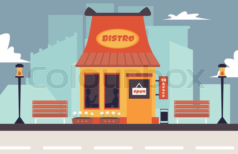 Flat cartoon bistro building with 24 ... | Stock vector | Colourbox