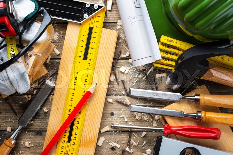 Top view of carpenter's tools on a ... | Stock image | Colourbox