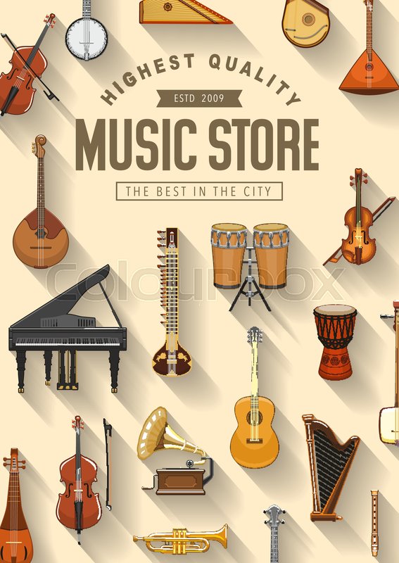 Music instruments store poster, ... | Stock vector | Colourbox