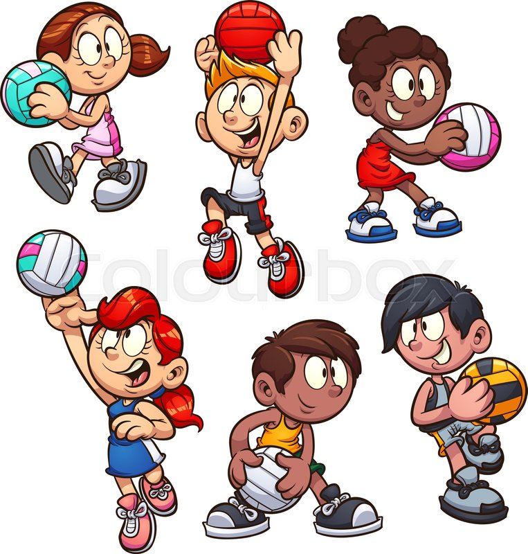 Cartoon boys and girls playing netball ... | Stock vector | Colourbox