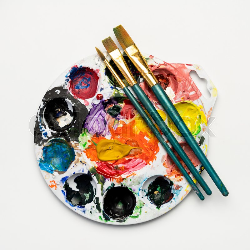 Colorful watercolor mixing plate with ... | Stock image | Colourbox